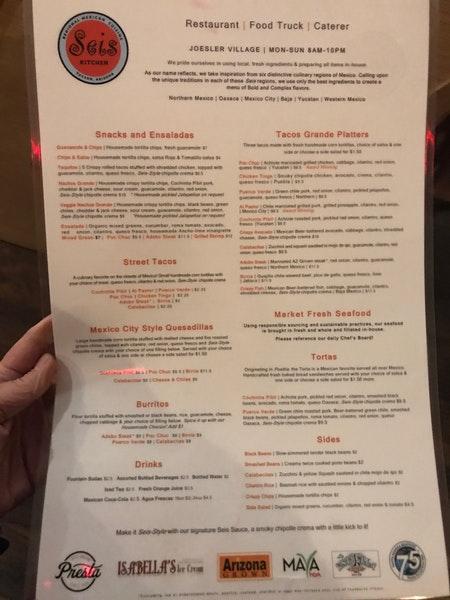 Menu at Seis Kitchen restaurant, Tucson, E River Rd #131