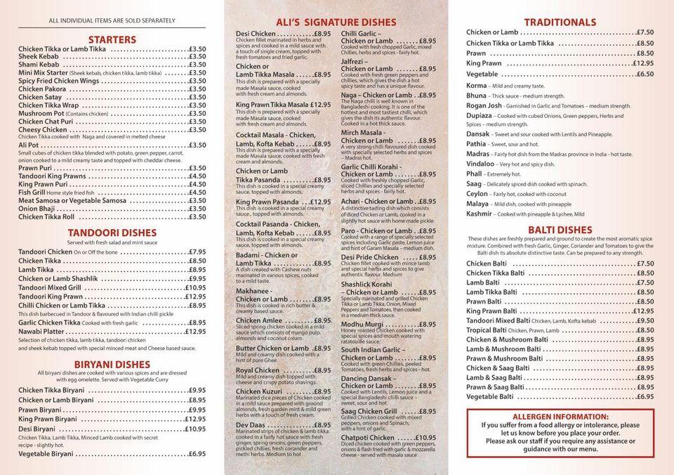 Menu at Ali's Indian Restaurant, Grimsby