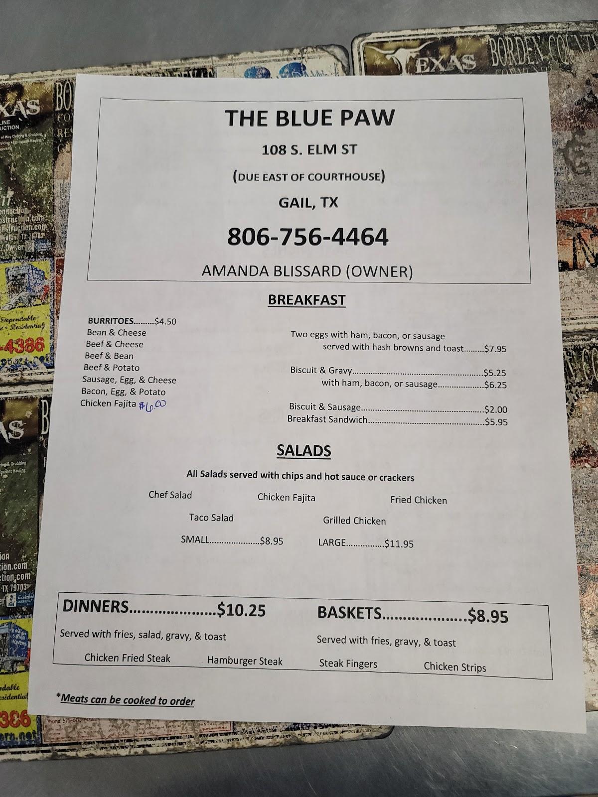 Menu at Blue Paw Cafe, Gail