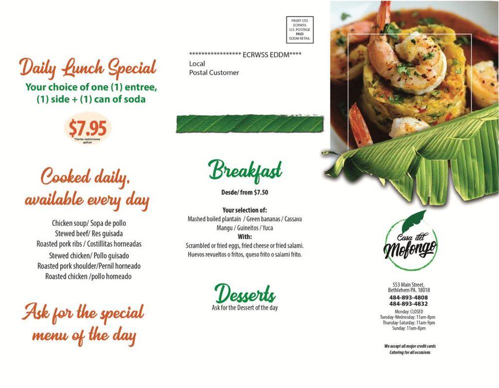 Menu at Casa Del Mofongo restaurant, Bethlehem, 553 Main St