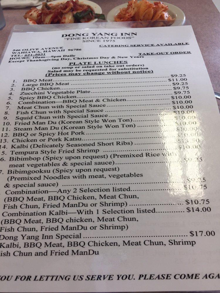 Menu at Dong Yang Inn restaurant, Wahiawa
