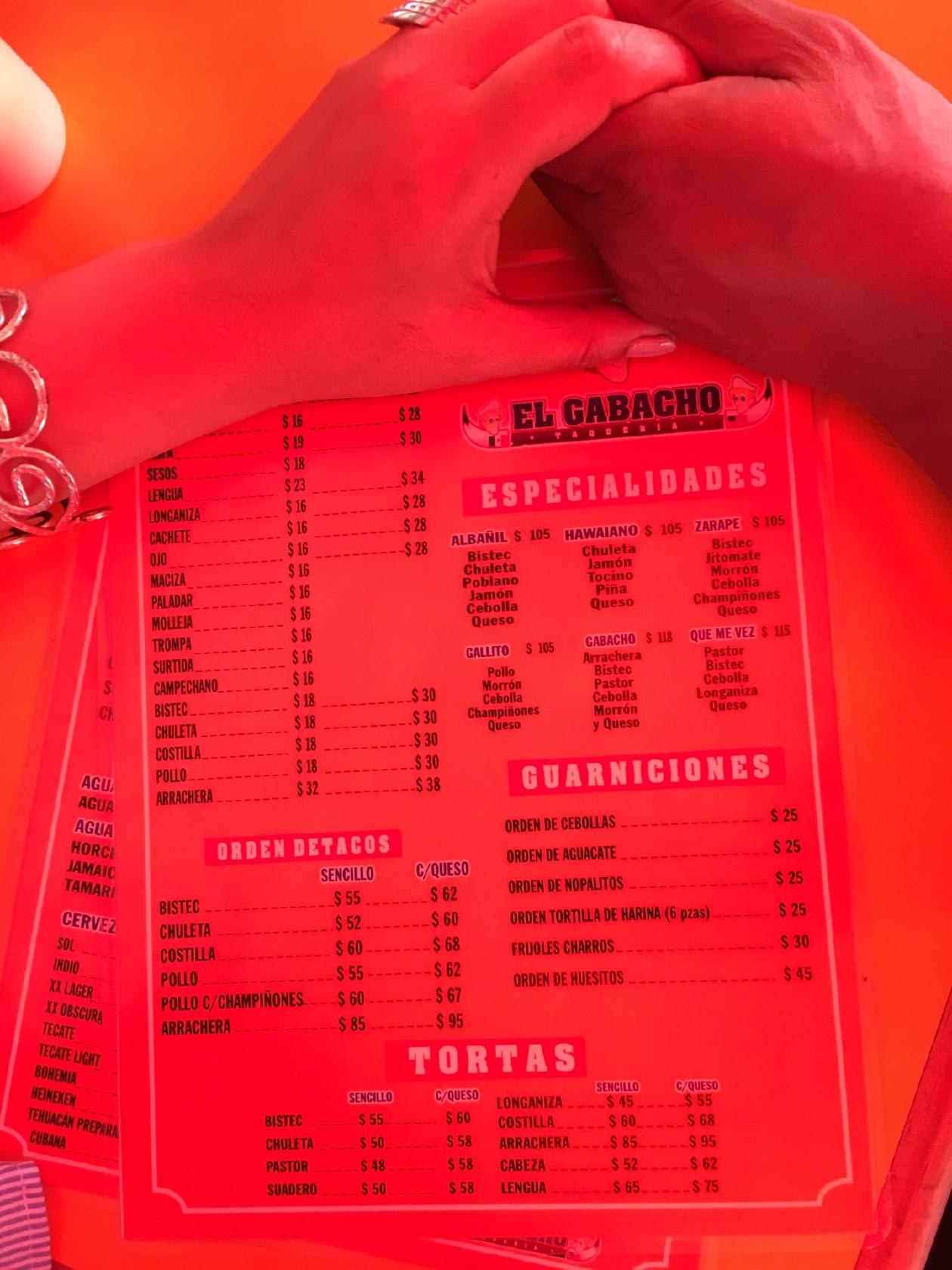 Menu at El Gabacho Taquería restaurant, Mexico City