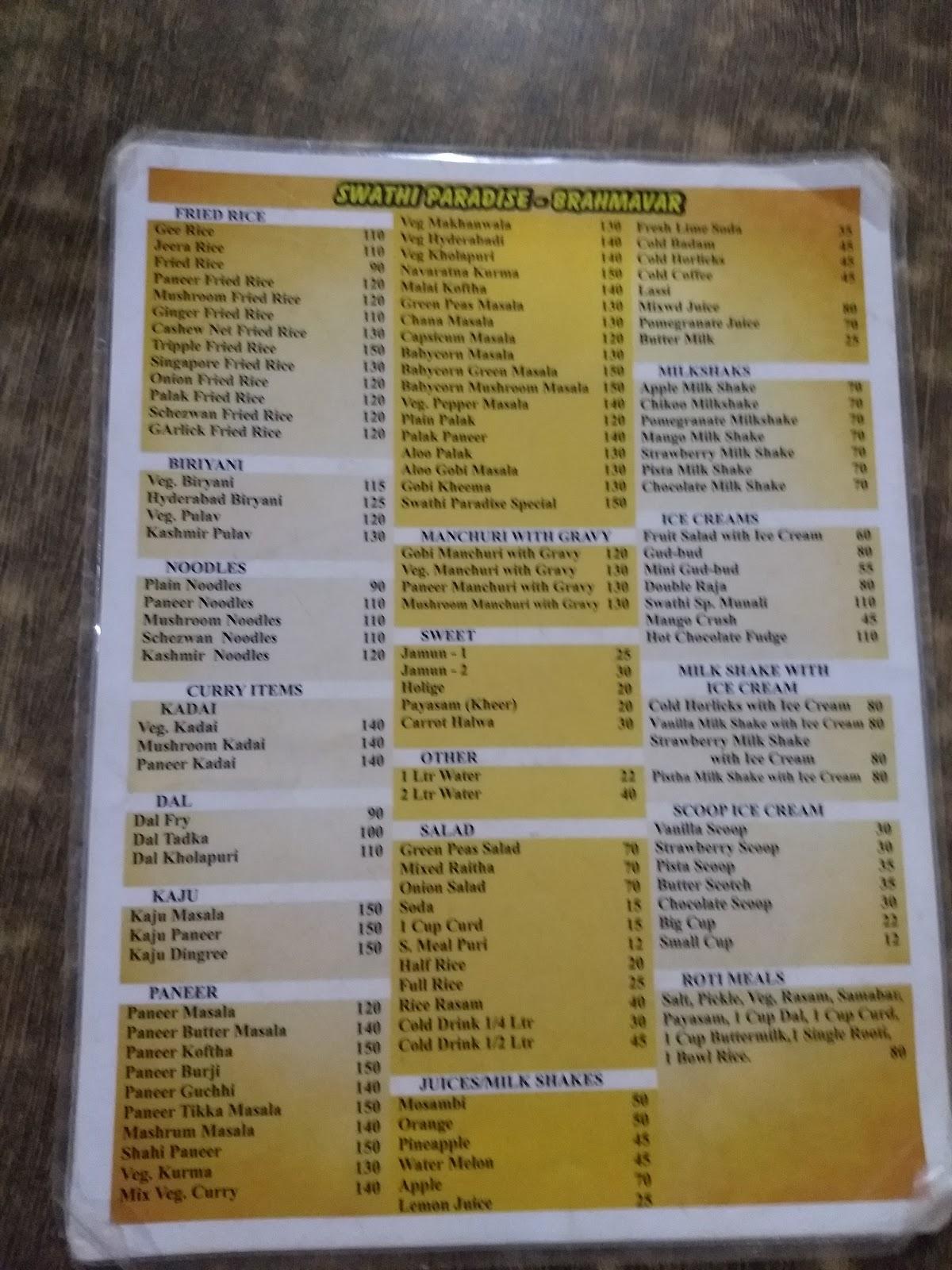Menu at Swathi Paradise, Brahmavar