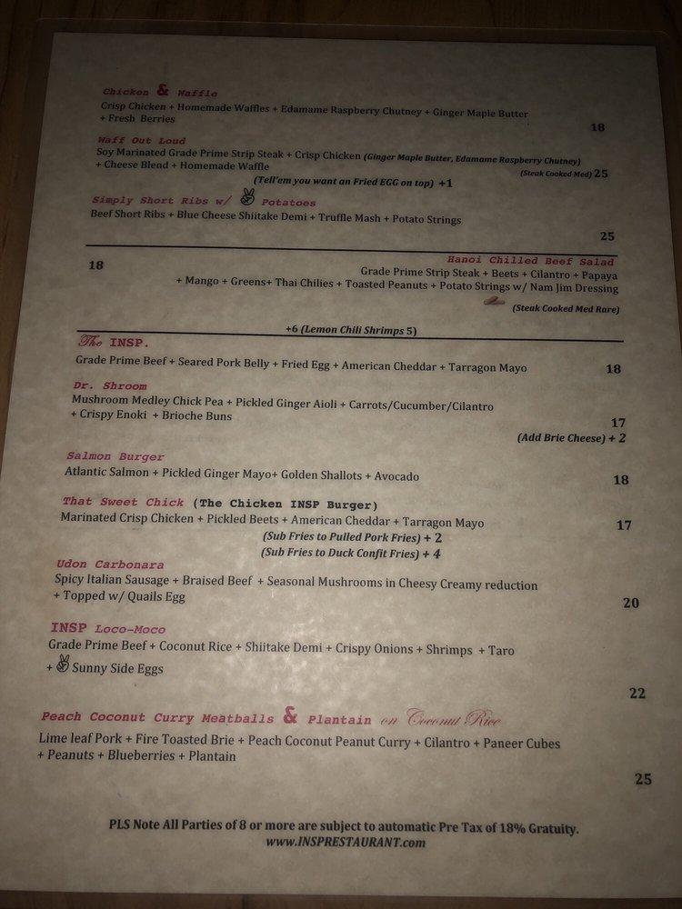 Menu at Inspire Restaurant, Markham, 144 Main Street Markham N #1