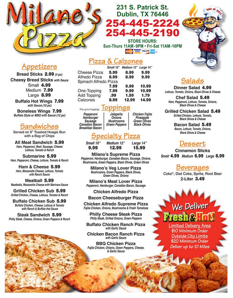 Menu at Milano's Pizza pizzeria, Dublin, 231 S Patrick St