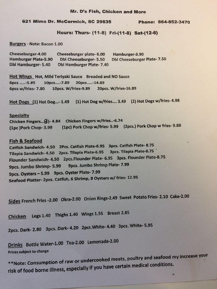 Menu at Mr D's Fish Chicken & More restaurant, McCormick