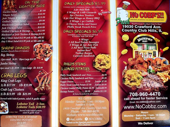 Menu at No Cobbs restaurant, Country Club Hills