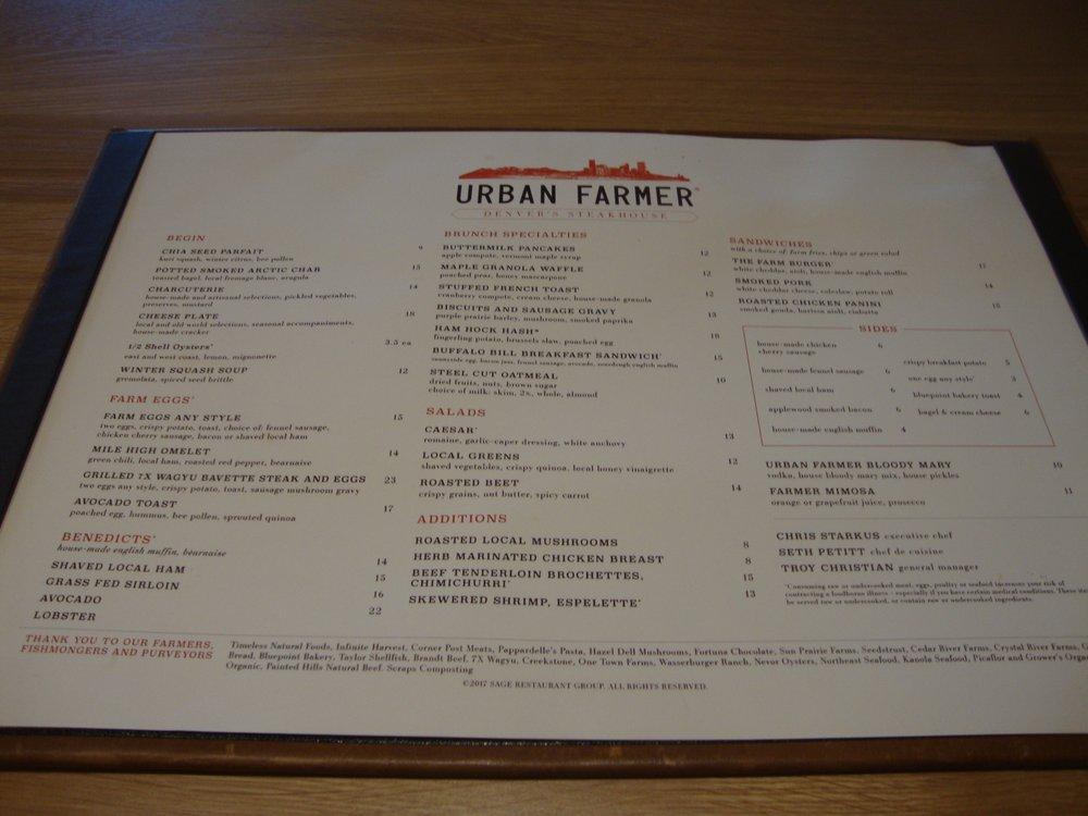 Menu at Urban Farmer Denver steakhouse, Denver, Wazee St