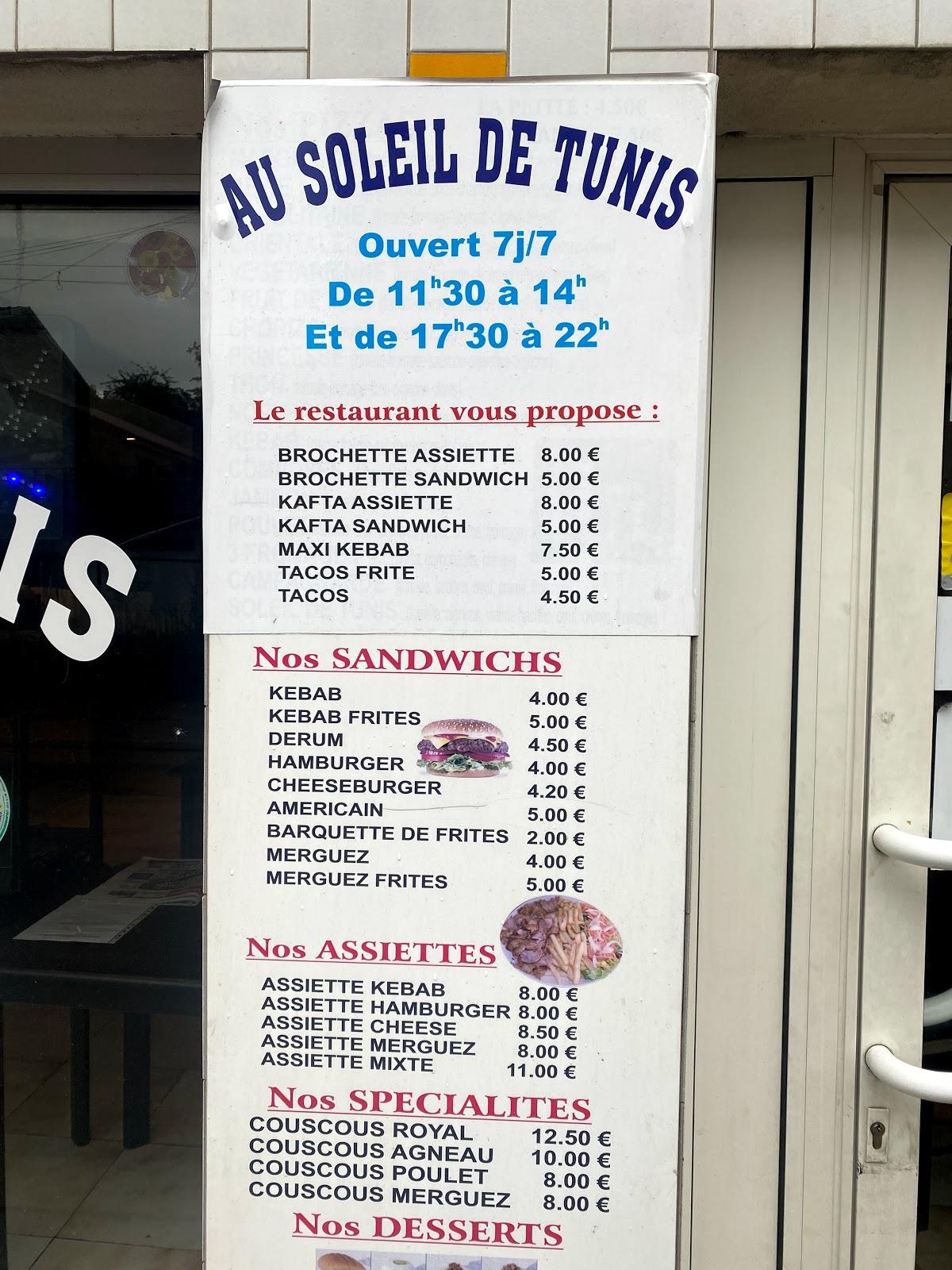 Menu au Au Soleil de Tunis fast food, Contrexéville