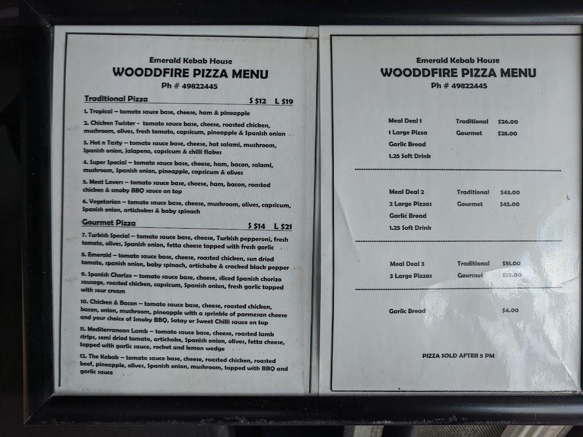 Menu at Emerald Kebab House and Woodfire Pizza restaurant, Emerald