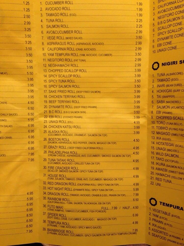 Menu au Gaya Sushi restaurant, Burnaby, Bainbridge Ave