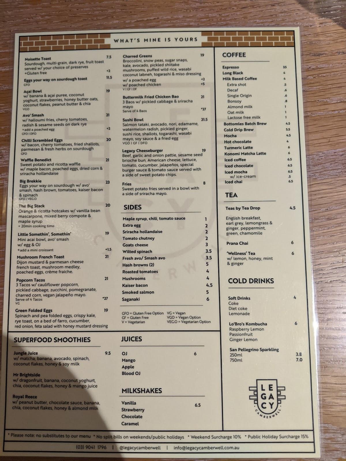 Menu at LEGACY CAMBERWELL cafe, Camberwell