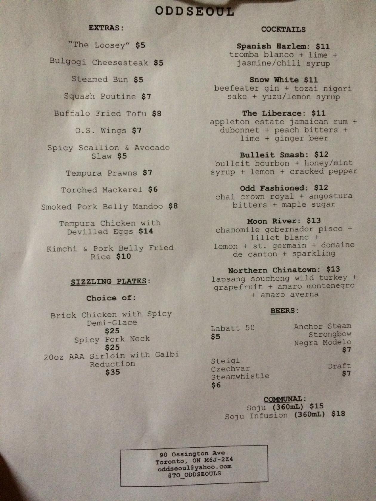 Menu at ODDSEOUL pub & bar, Toronto