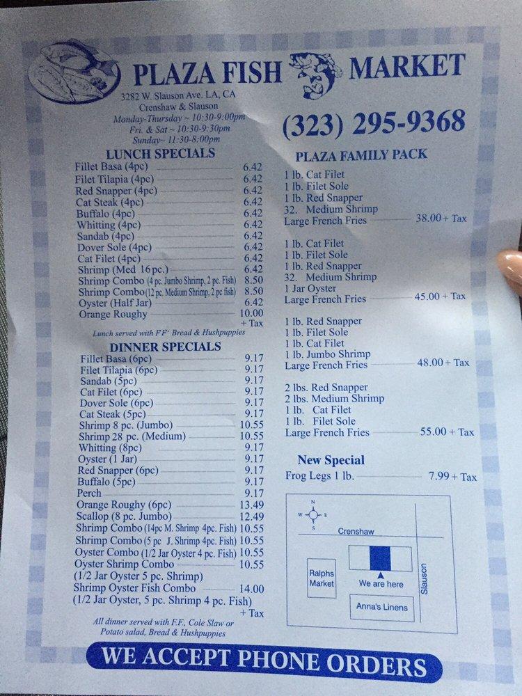 Menu at Plaza fish market restaurant, Los Angeles, W Slauson Ave