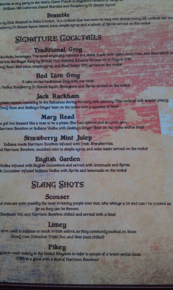 Menu at Red Lion Grog House pub & bar, Indianapolis