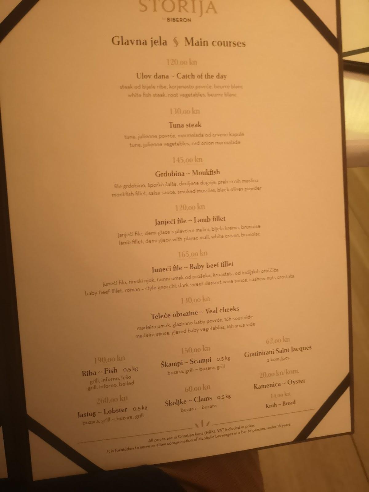 Menu at Štorija Fine Dining restaurant, Split