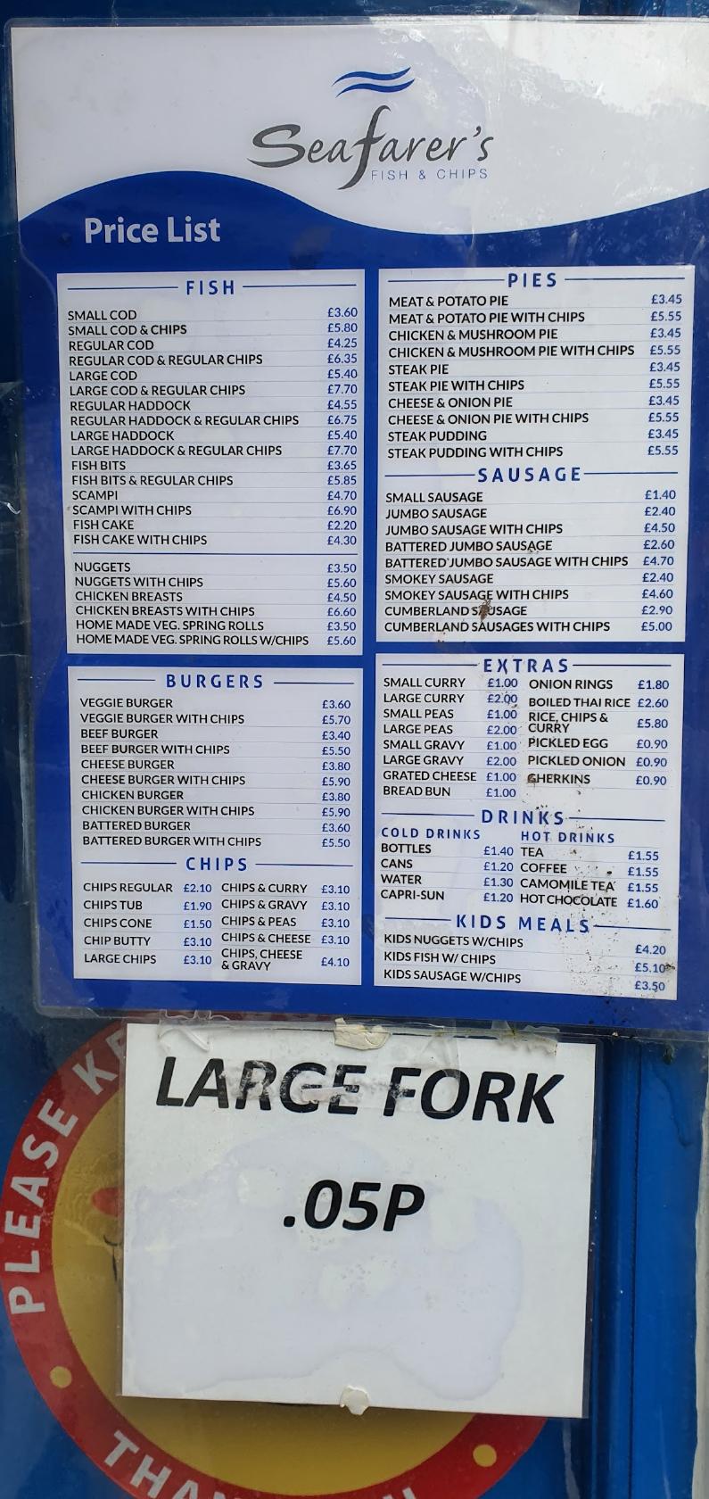 Menu at Seafarers fast food, Windermere
