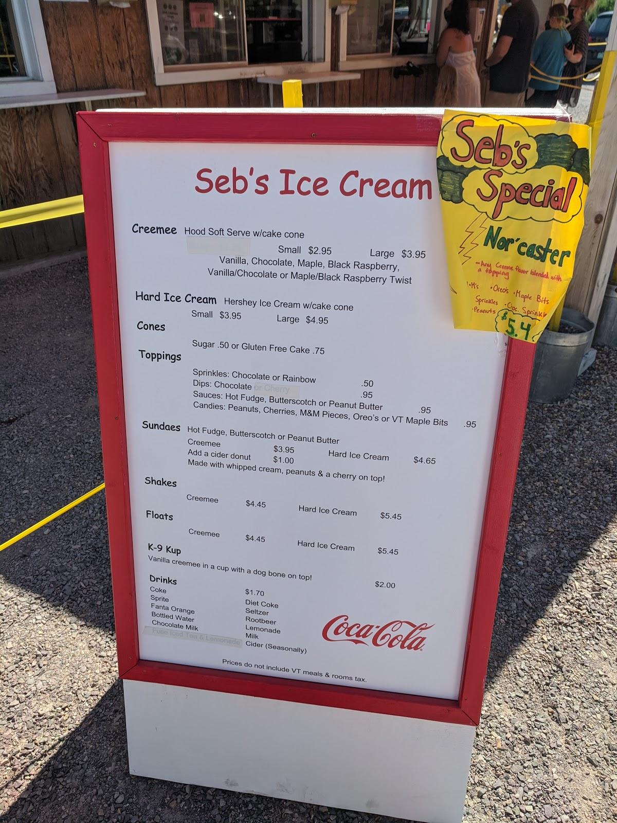 Menu at Seb's Snack Bar, South Hero