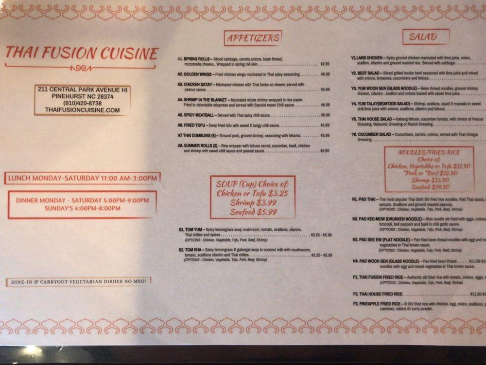 Menu at thai fusion cuisine restaurant, Pinehurst