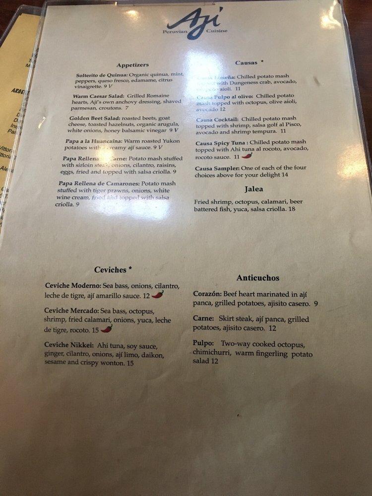Carta del restaurante Aji Peruvian Cuisine, Long Beach