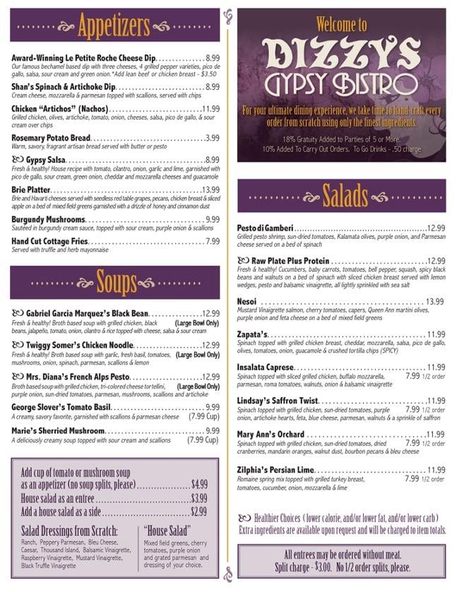 Menu at Dizzy's Gypsy Bistro pub & bar, Little Rock
