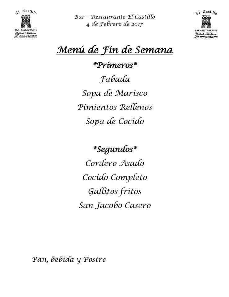 Carta de Restaurante El Castillo, Collado Mediano