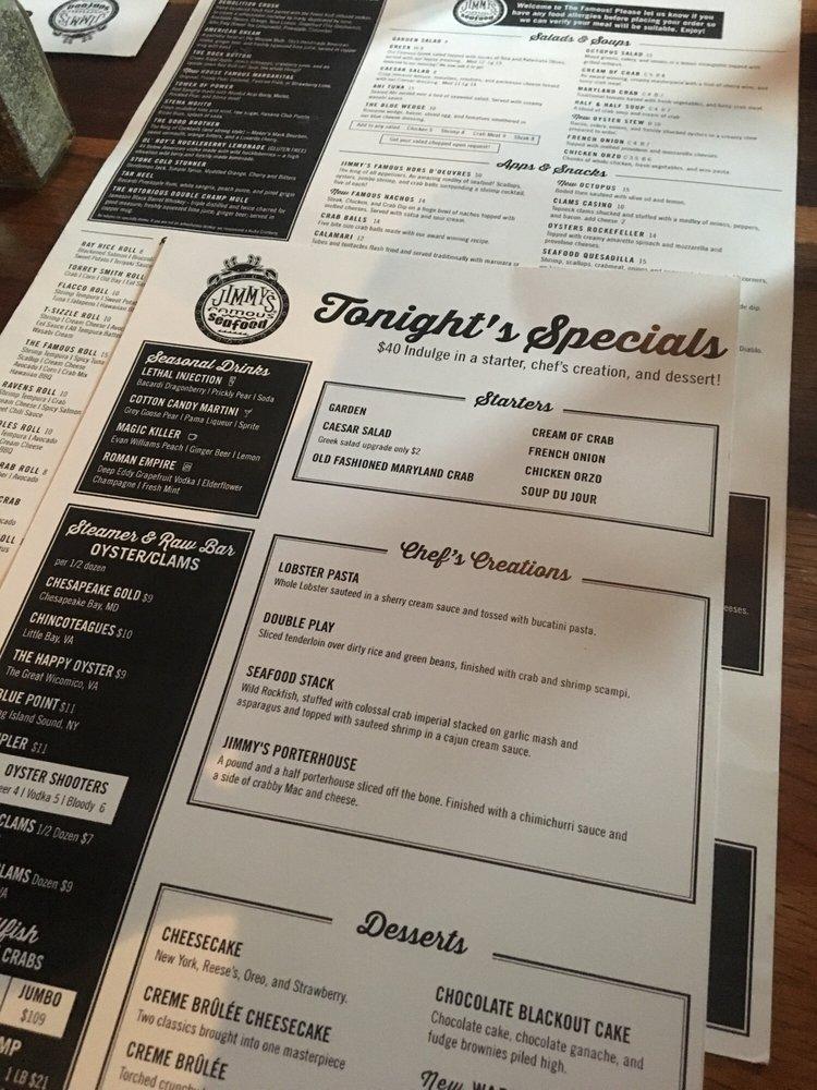 Menu at Jimmy's Famous Seafood steakhouse, Baltimore