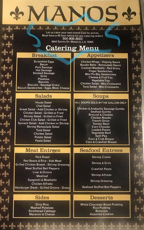 Menu at Mano's Po-Boys restaurant, Metairie