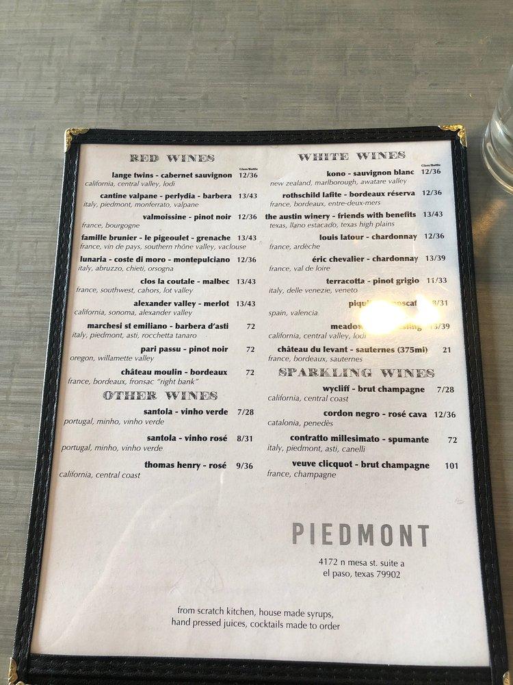 Menu at Piedmont Cafe, El Paso