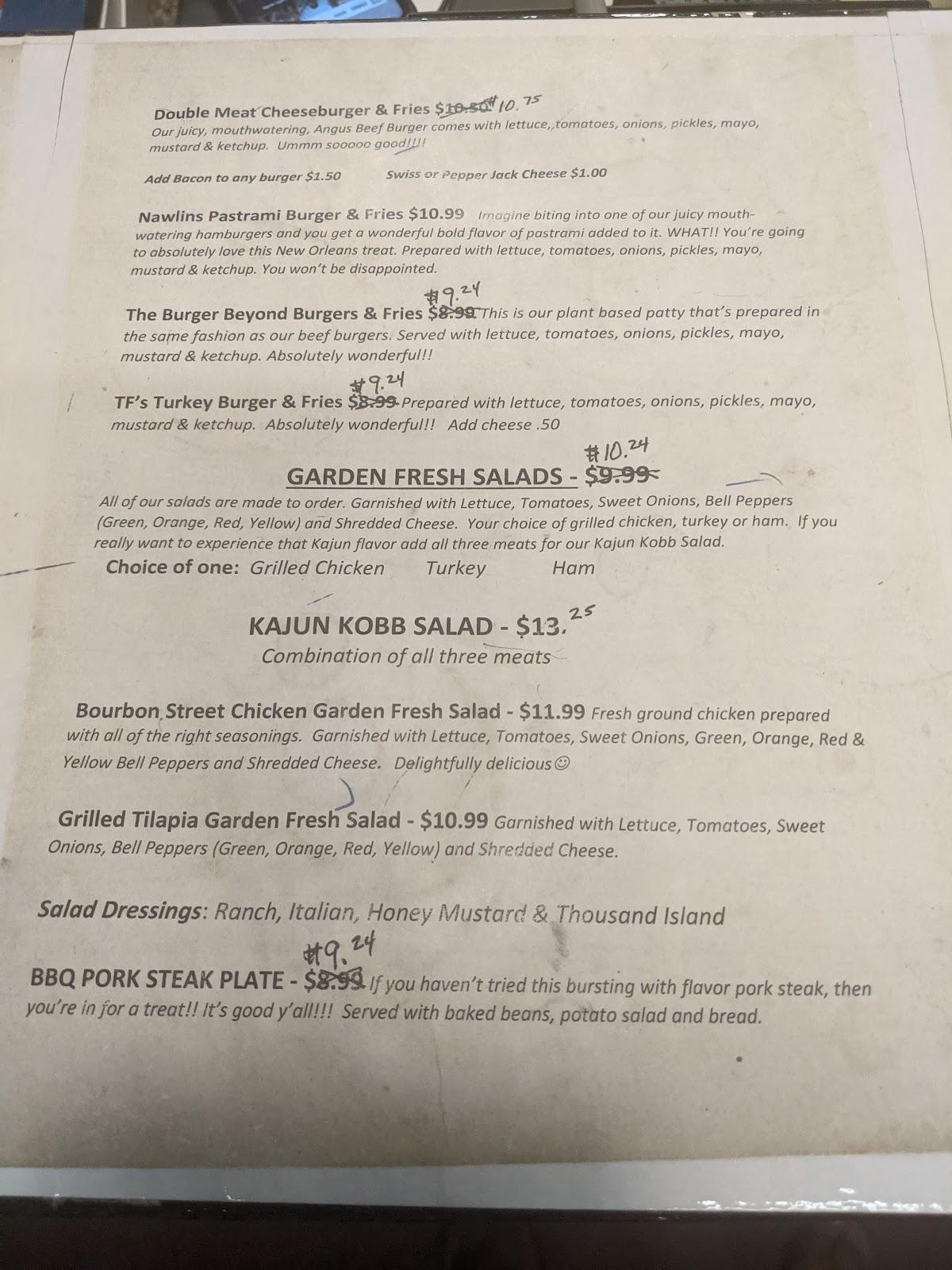 Menu at Rideau and Trammell's Kajun Kitchen restaurant, Shreveport
