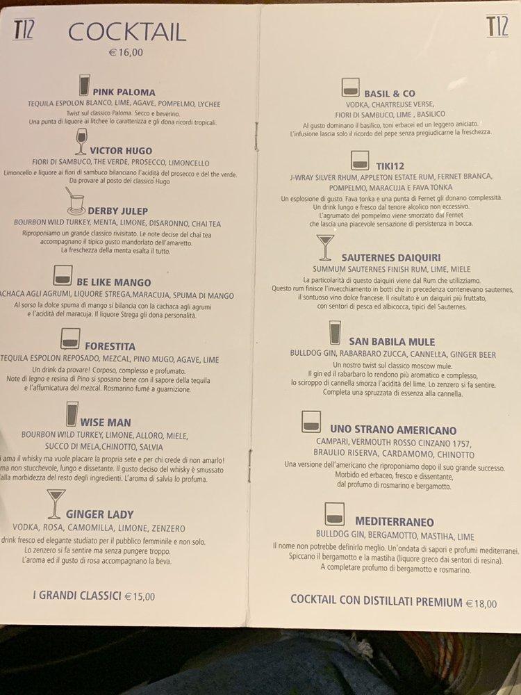 Menu at Terrazza 12 pub & bar, Milan, Via Durini 28