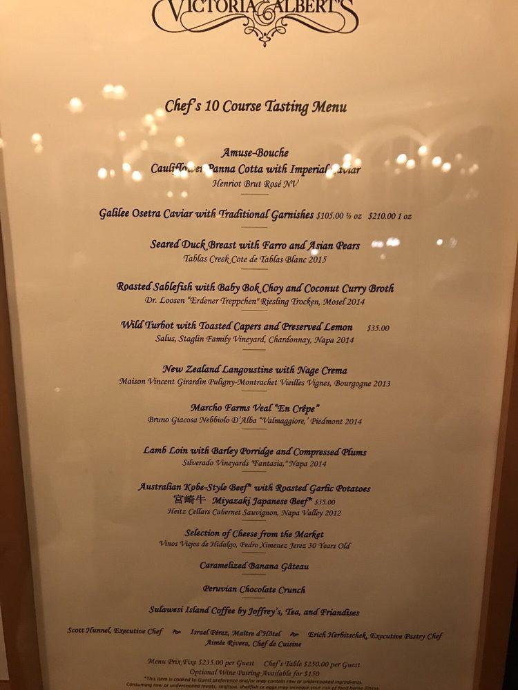 Menu at Victoria & Albert's restaurant, Orlando