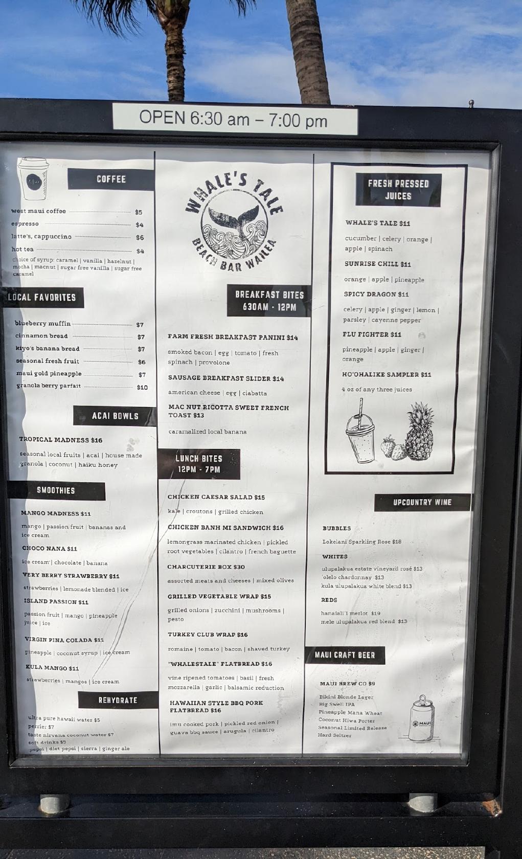 Menu at Whale’s Tale pub & bar, Wailea-Makena