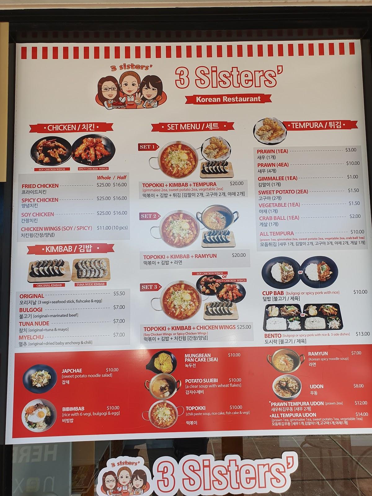 Menu at 3 Sisters' Korean Restaurant, Coopers Plains