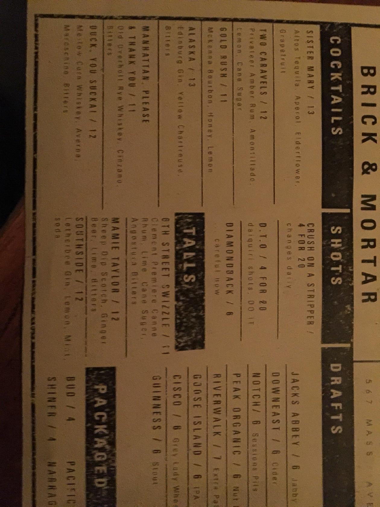 Menu at Brick & Mortar pub & bar, Cambridge, 567 Massachusetts Ave