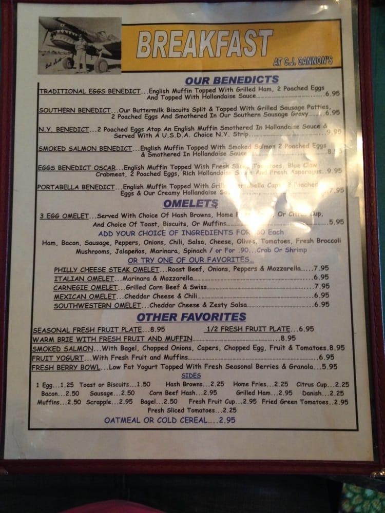 Menu at C.J. Cannon's restaurant, Vero Beach