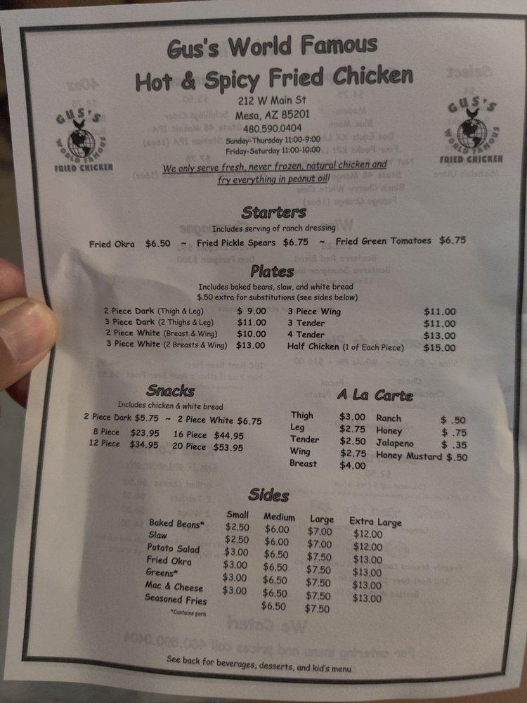 Menu at Gus's World Famous Fried Chicken restaurant, Mesa