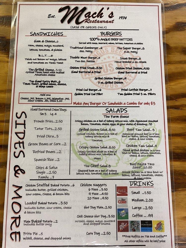 Menu at Mach's Restaurant, Boling-Iago