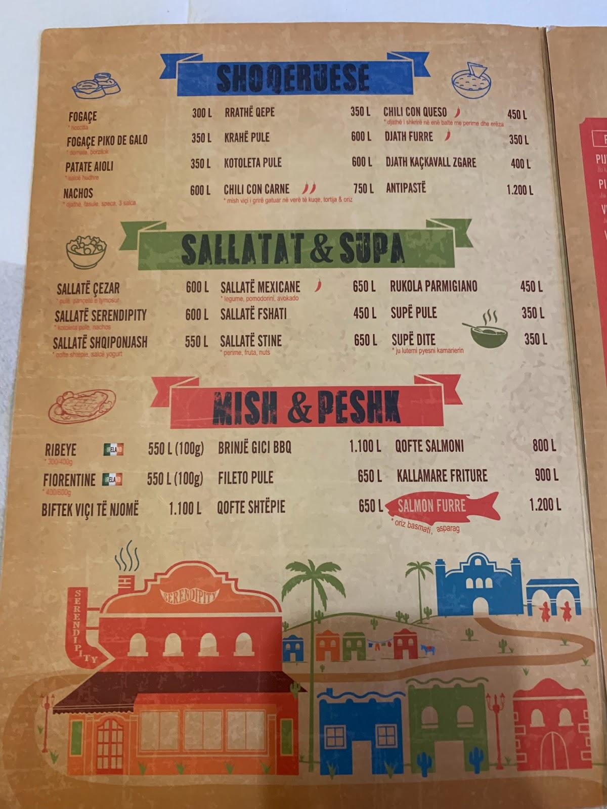 Menu at Serendipity the Mexican restaurant, Tirana