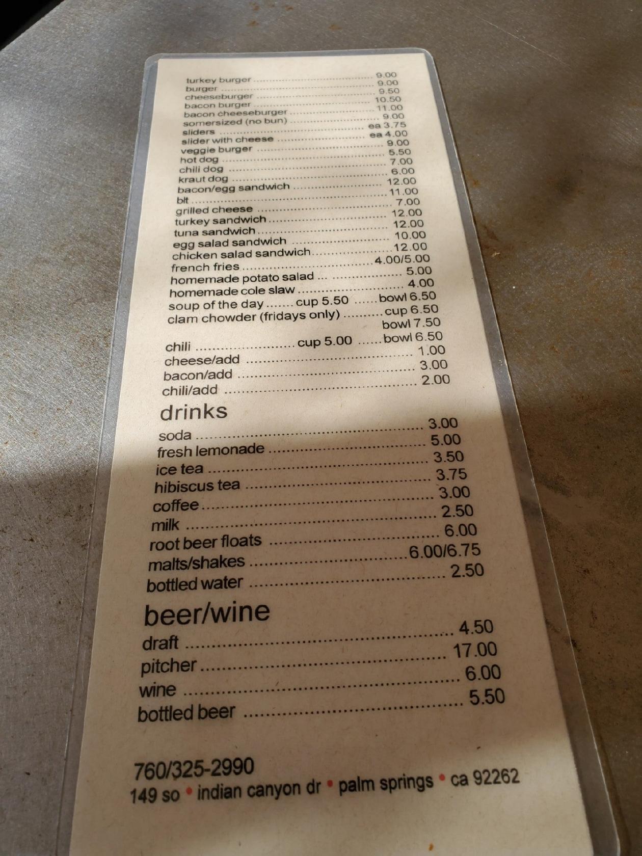 Menu at Tyler's Burgers restaurant, Palm Springs