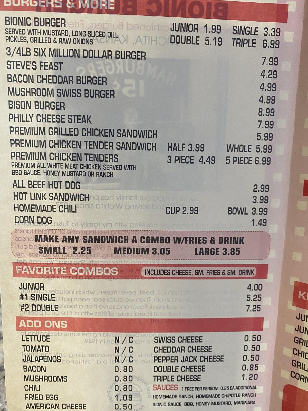 Menu at Bionic Burger restaurant, Haysville, 243 S Seneca St