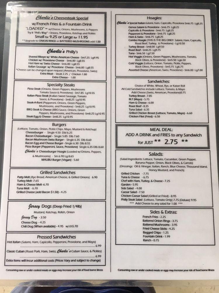Menu at Charlie's Steak & Hoagie restaurant, Sarasota