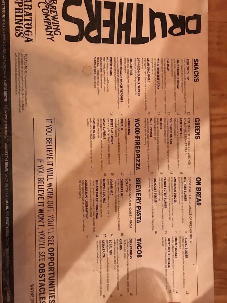 Menu at Druthers Brewing Company pizzeria, Saratoga Springs