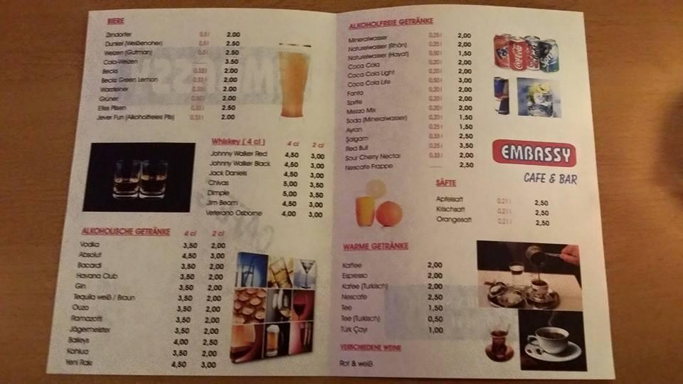 Menu at Embassy Bar, Fürth, Mühlstraße