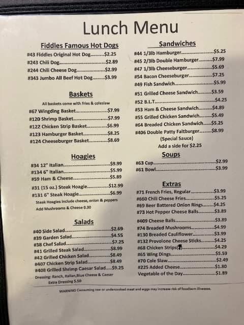Menu at Fiddles Diner restaurant, Brownsville