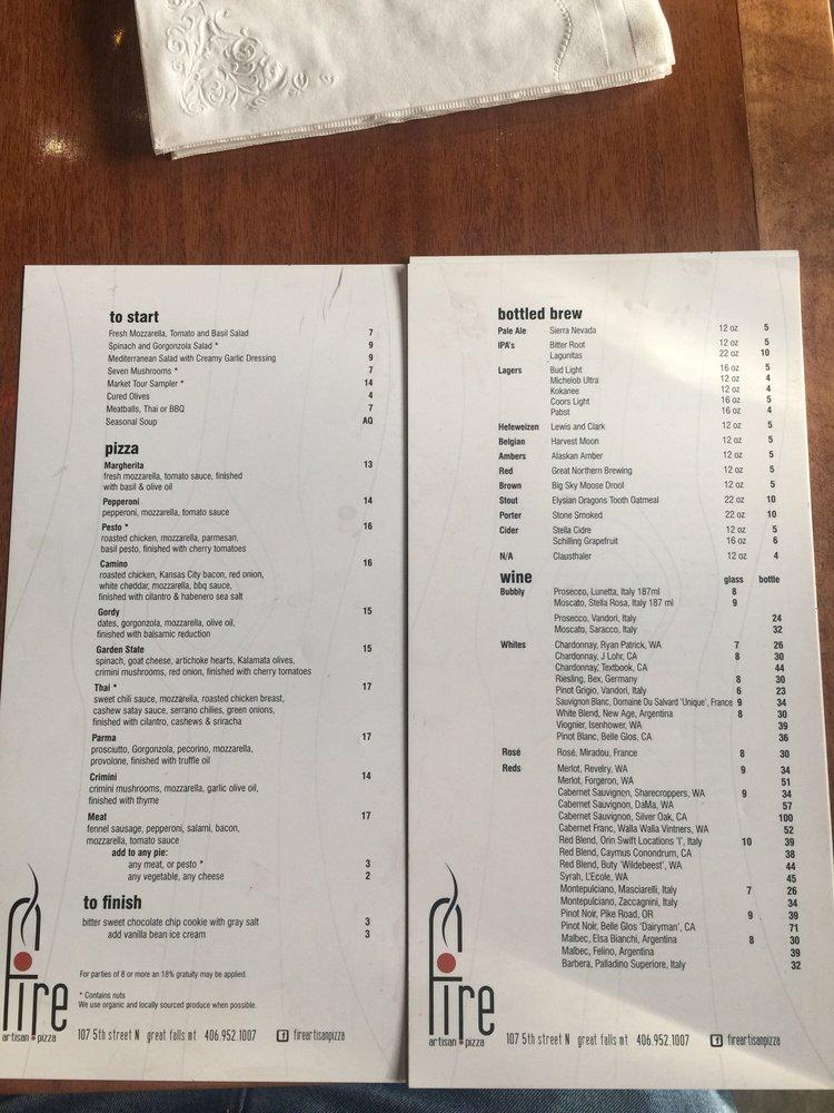 Menu at Fire Artisan Pizza restaurant, Great Falls