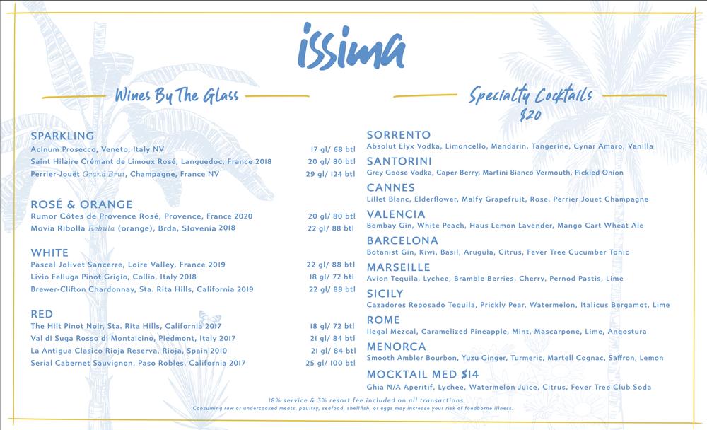 Menu at Issima restaurant, West Hollywood