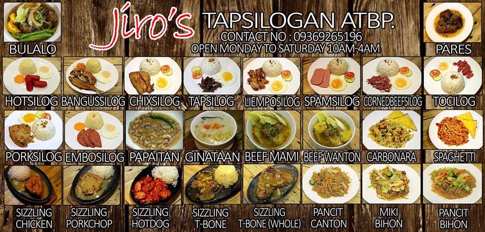 Menu at Jiro's Tapsilogan Atbp. restaurant, Quezon City