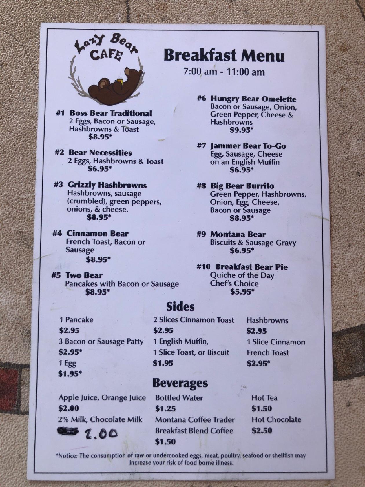 Menu at Lazy Bear Cafe, West Glacier