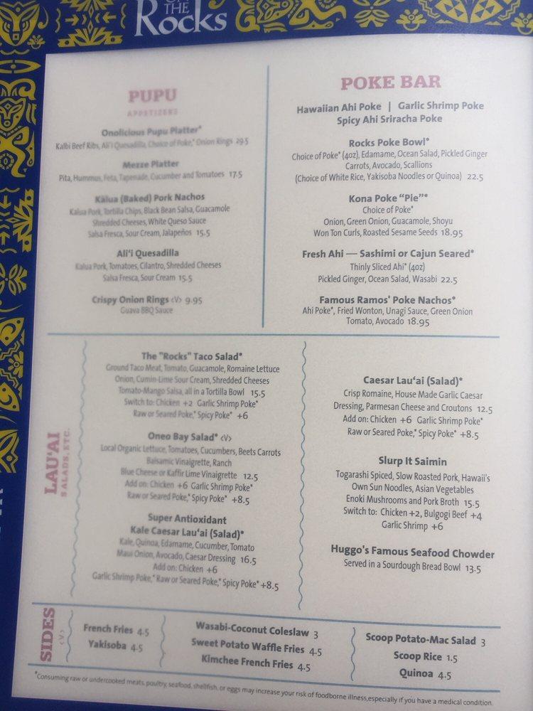 Menu at On the Rocks pub & bar, Kailua-Kona, 75-5824 Kahakai Rd